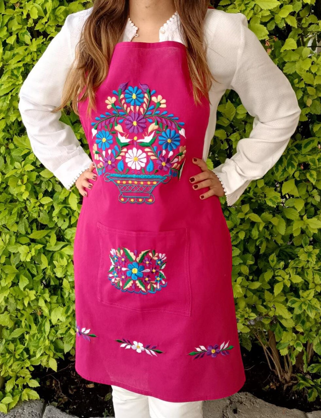 Mexican Pink Embroidered Apron, Mexican Colorful Floral Embroidery ...