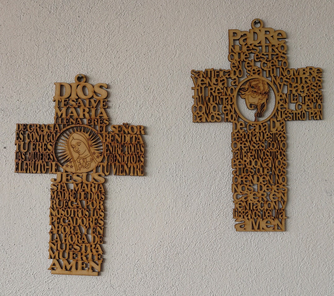 Wood Carving Prayers Cross, Padre Nuestro, Ave Maria, Holycross Wall ...