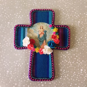 Virgen Maria Wood Cross, Mexican Flower Cross, Holy Mary Wall Cross ...