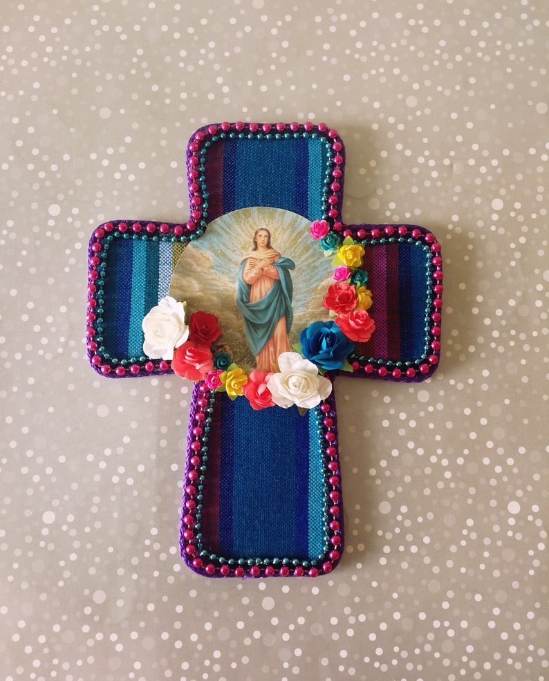Virgen Maria Wood Cross Mexican Flower Cross Holy Mary Wall - Etsy