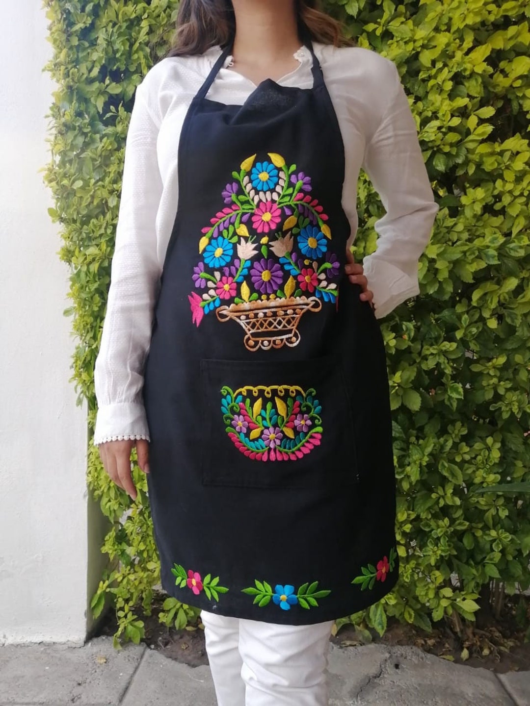 Mexican Black Embroidered Apron, Mexican Colorful Floral Embroidery ...
