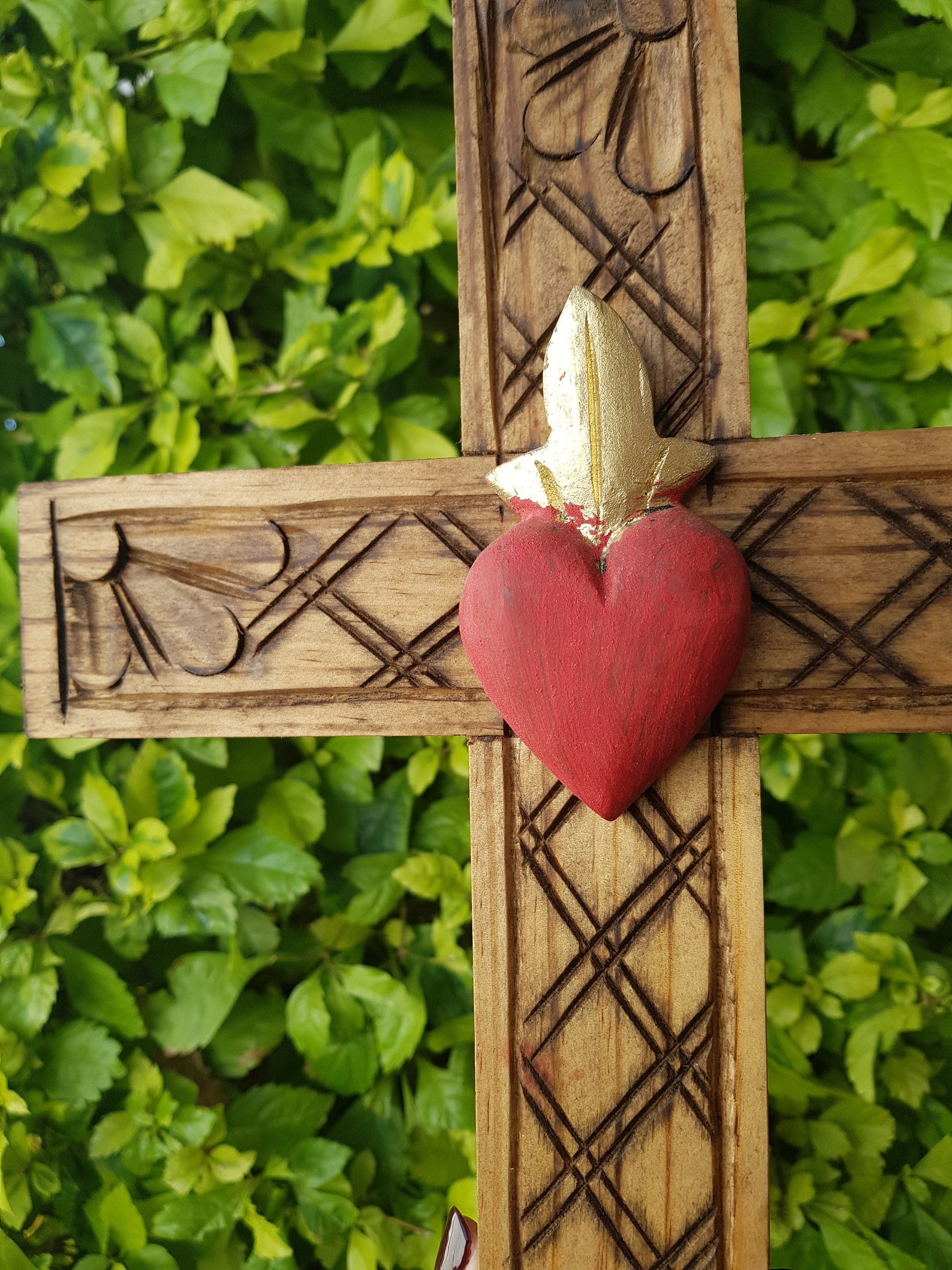 Mexican Wood Heart Cross, Vintage Milagro Carving Cross, Sacred Heart ...