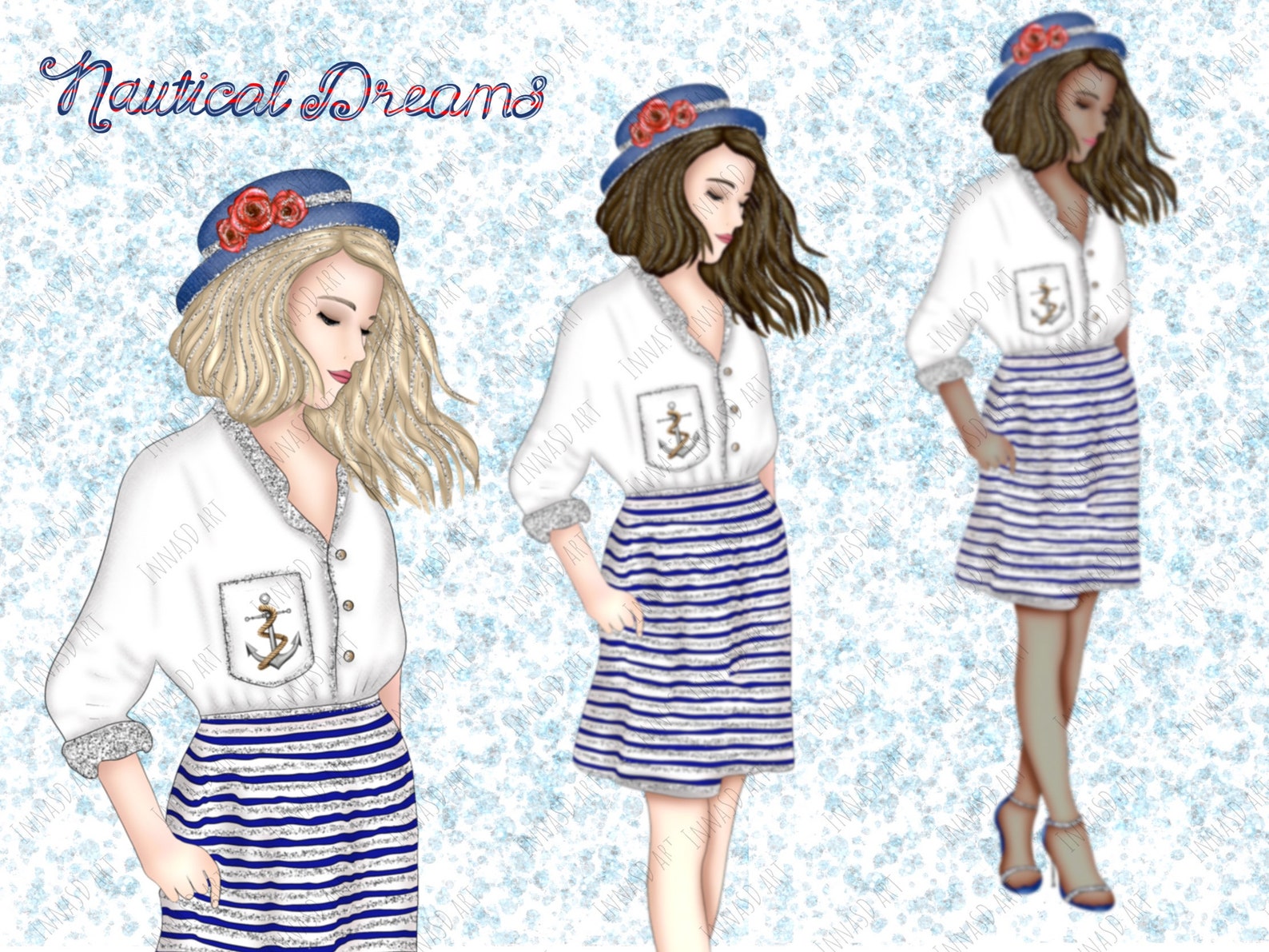Nautical Dreams Fashion Girls Clip Art, Nautical Fashion Clipart ...
