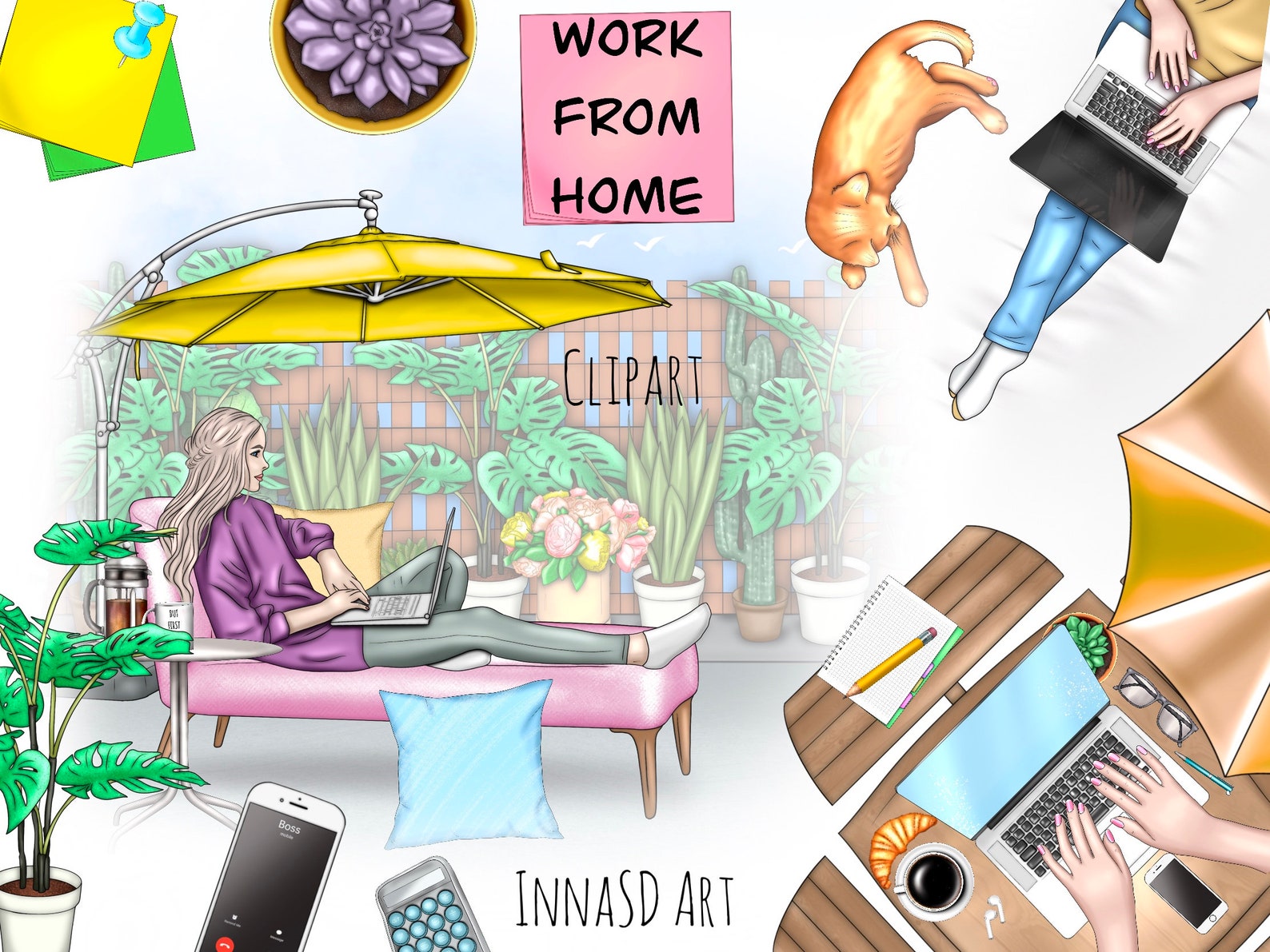 Work from home Clip art Planner stickers Planner accessories | Etsy