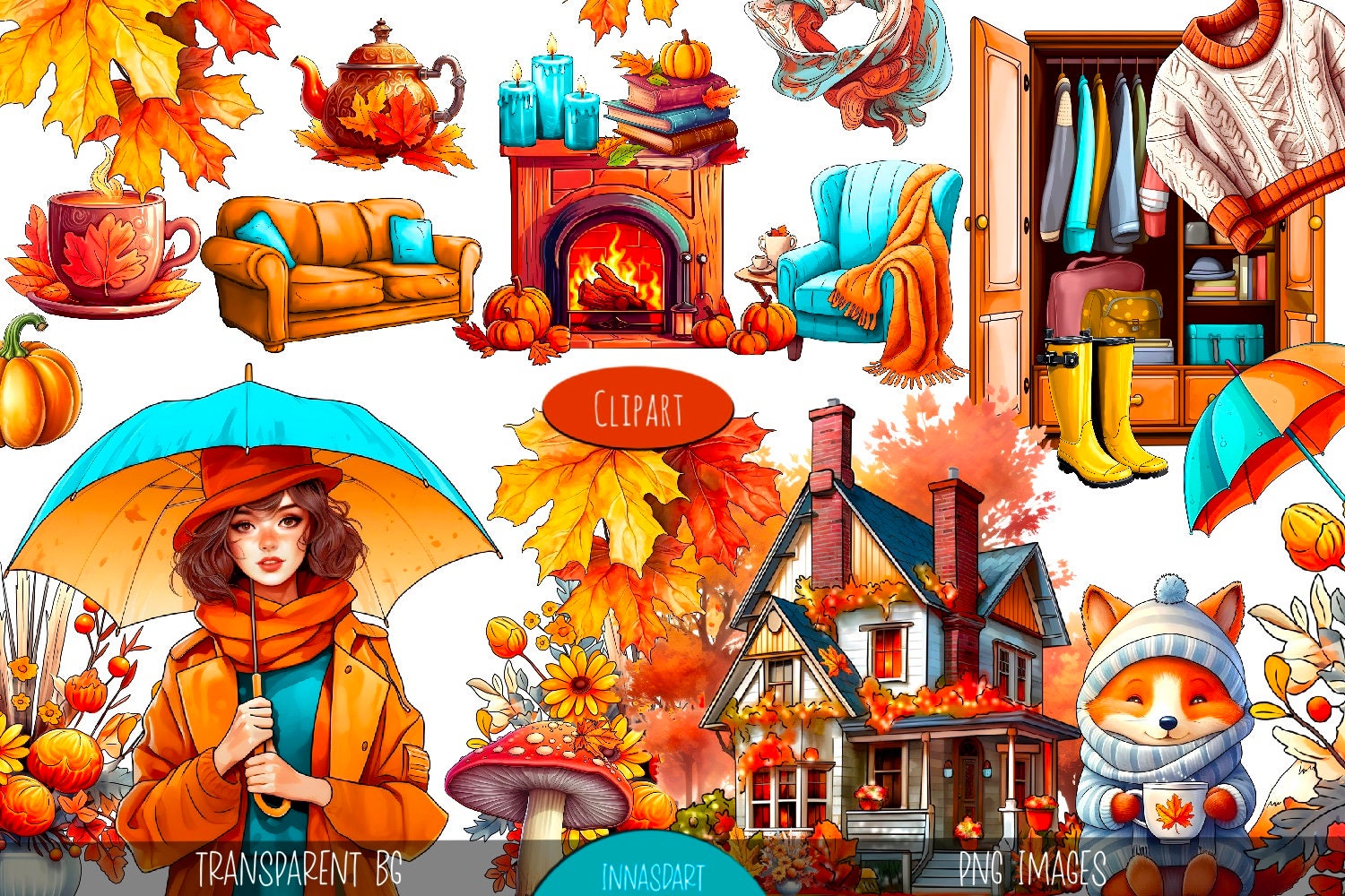 Cozy Fall Clipart Maple Leaves Clipart Pumpkin Clipart - Etsy