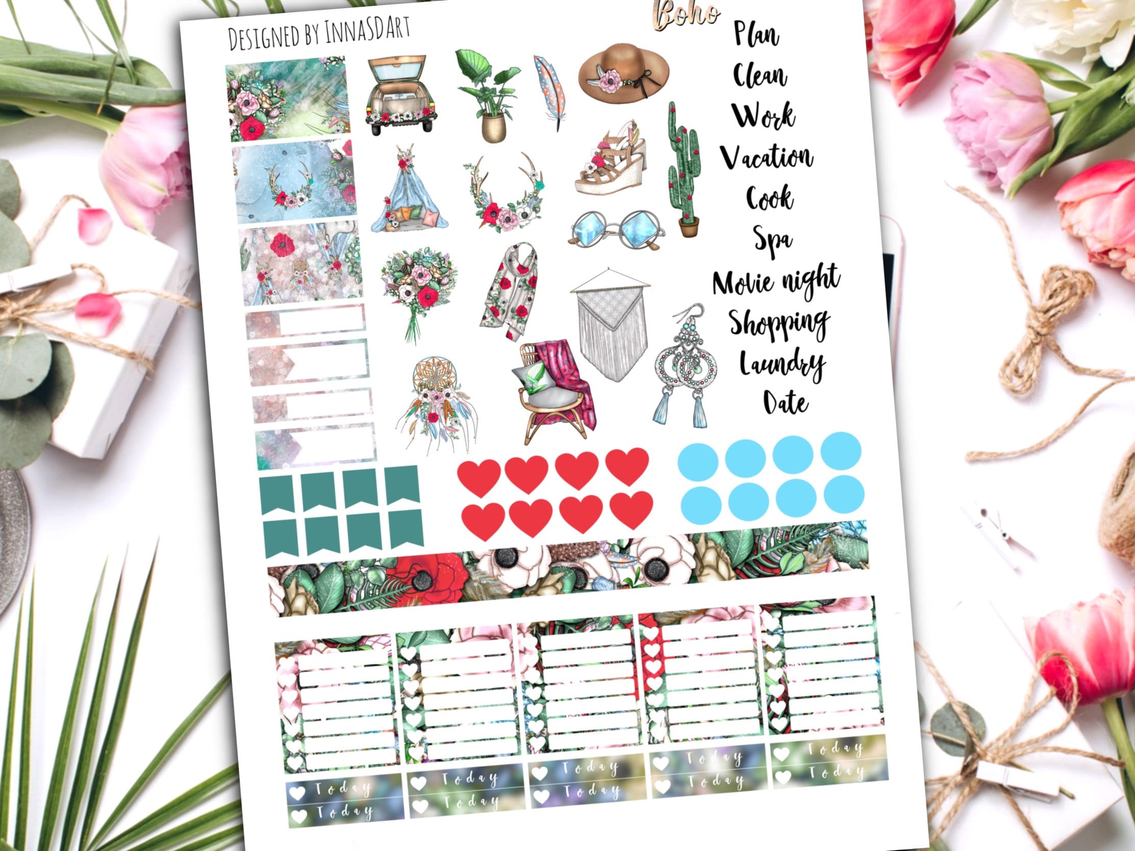 Boho Chic Printable Digital Planner Stickers, Boho Stickers, Boho ...