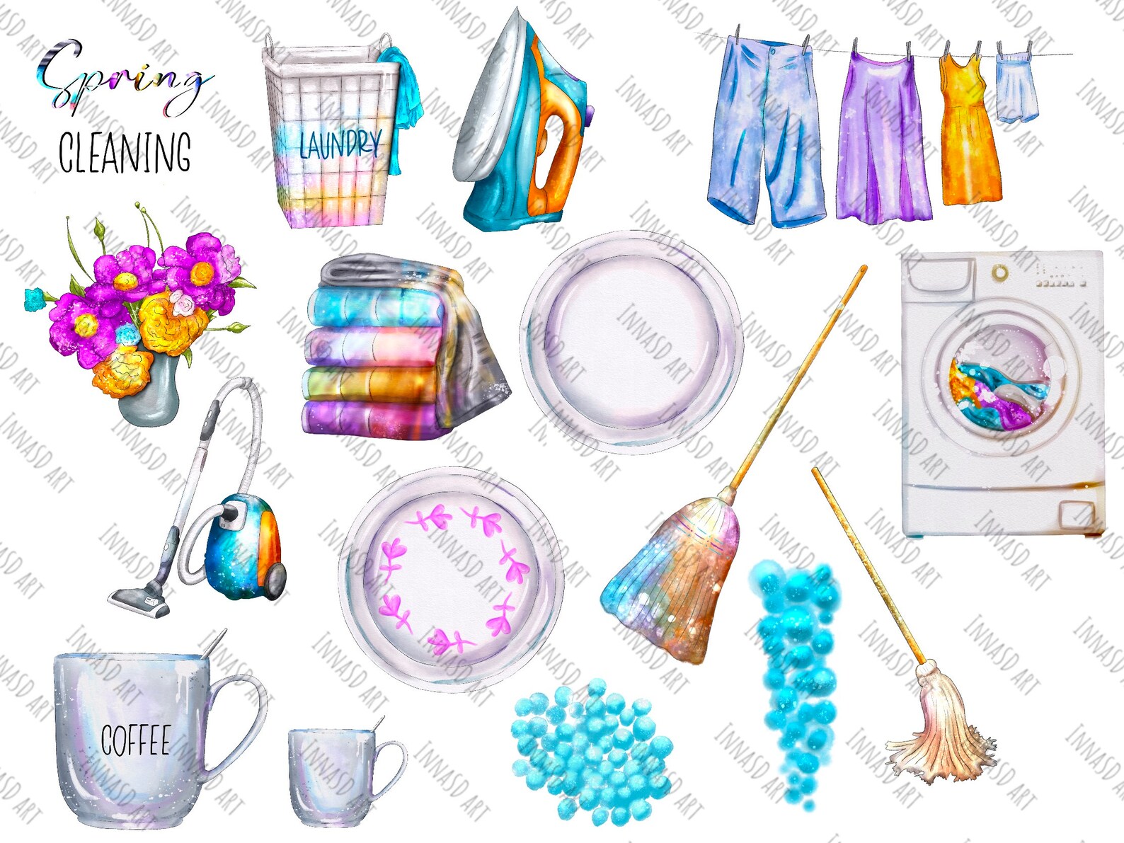 Spring Home Cleaning Watercolor Clip Art Cleaning Stickers - Etsy