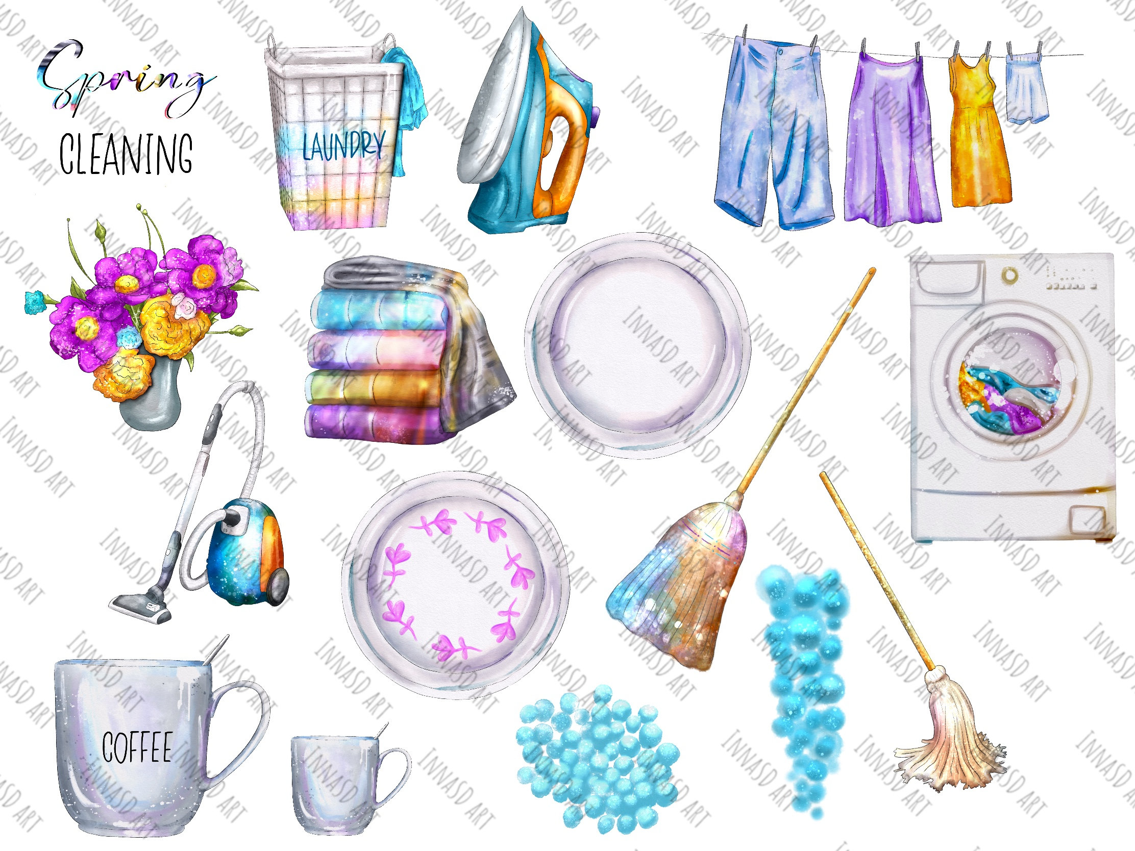 Spring Home Cleaning Watercolor Clip Art Cleaning Stickers - Etsy