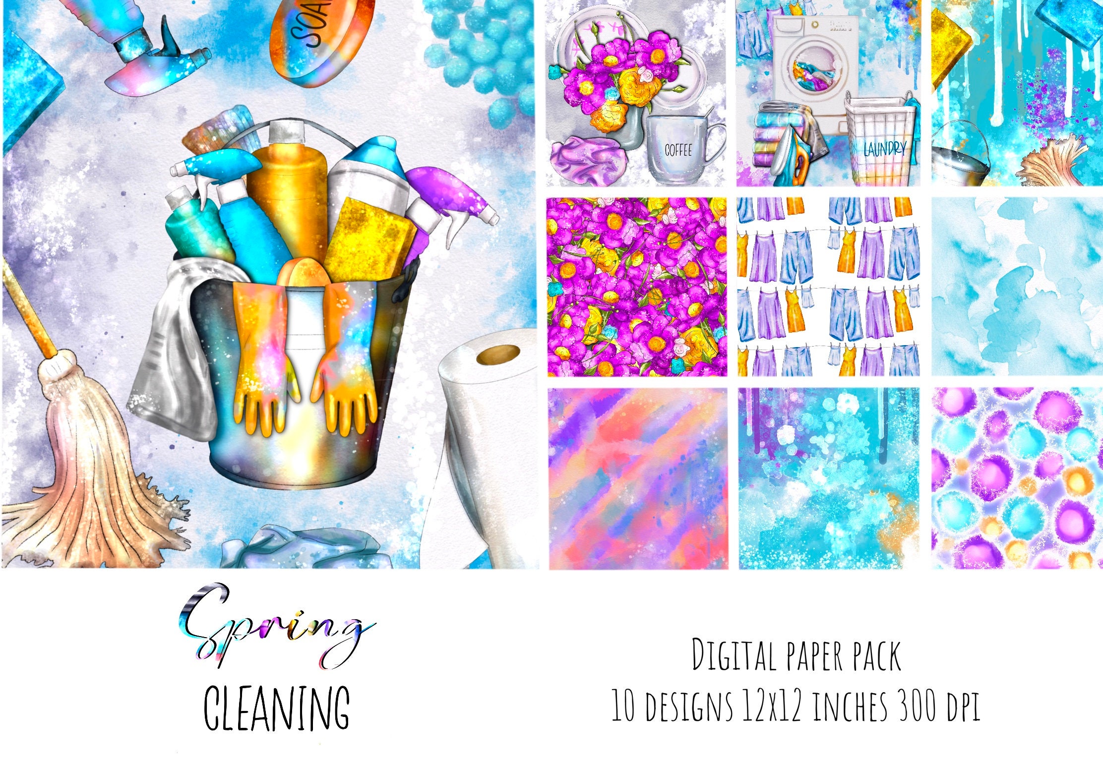 Spring Cleaning Watercolor Digital Papers: Planner Backgrounds (digital ...