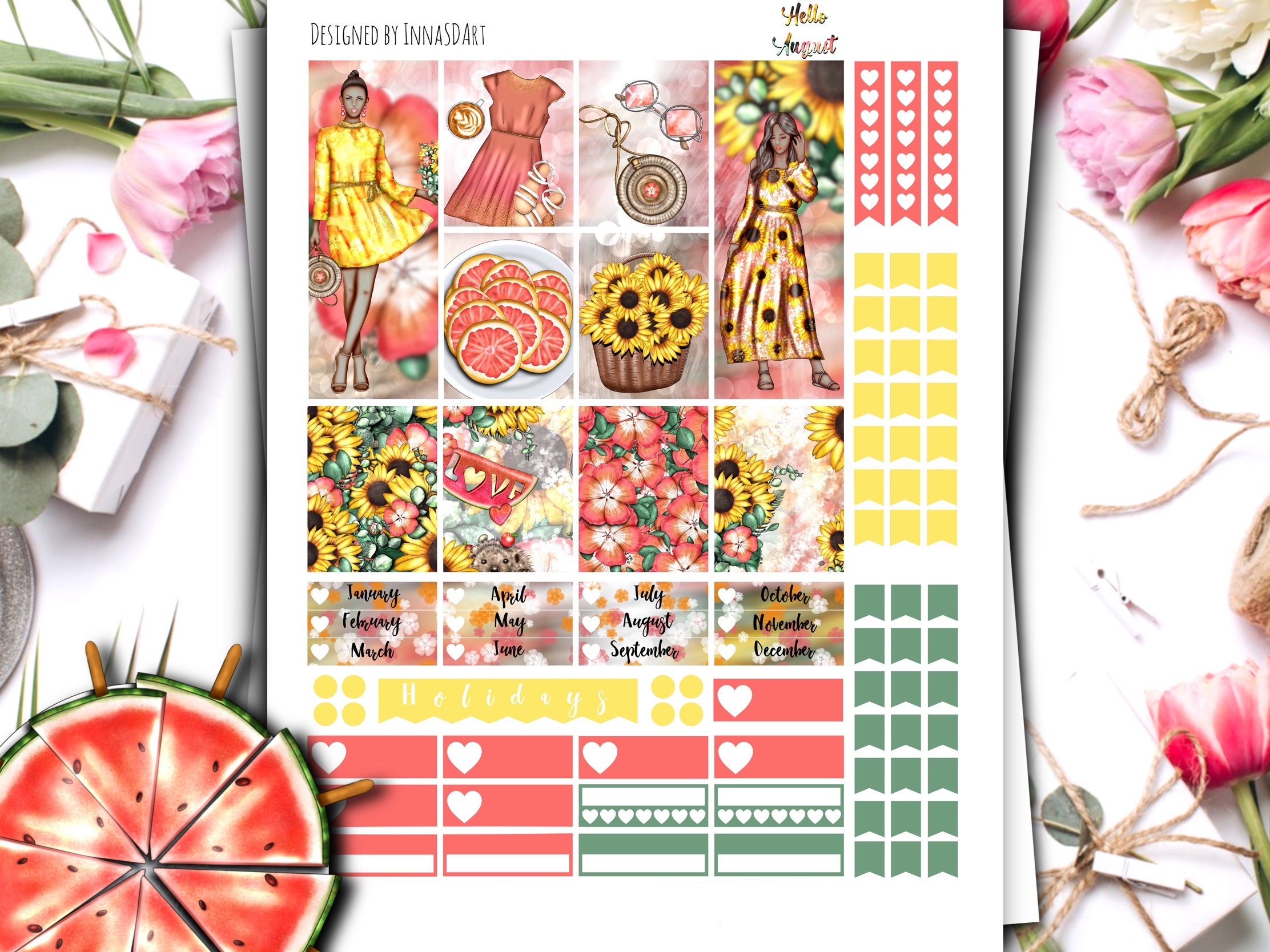 Hello August Printable Planner Stickers, Summer Stickers, Summer ...
