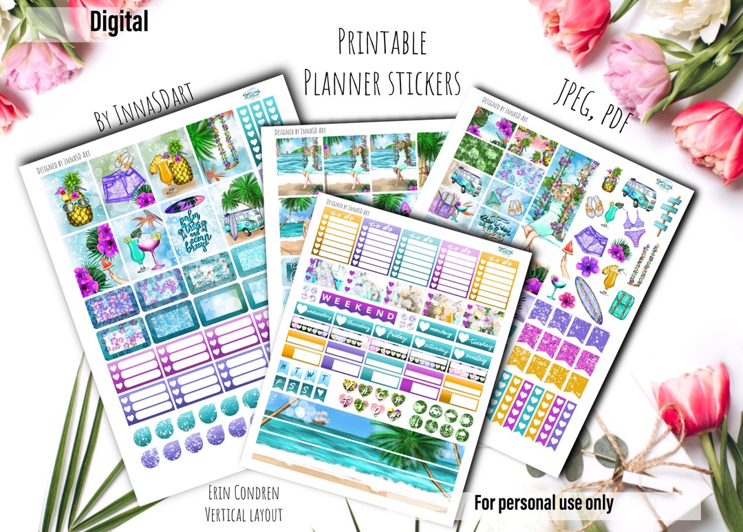 Summer Vibes Digital Printable Planner Stickers, Travel Stickers ...