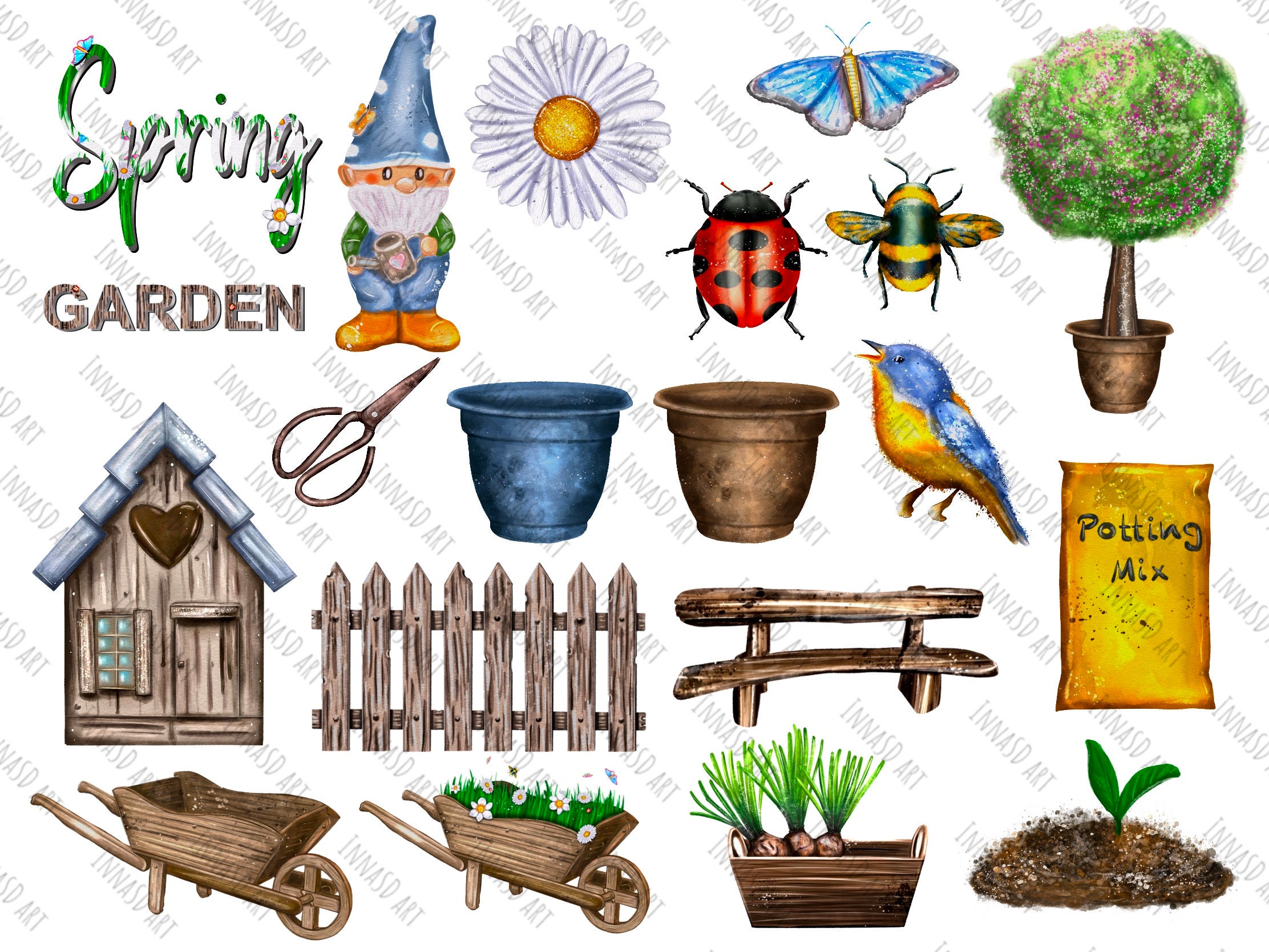 Spring Garden Watercolour Clip Art, Spring Clip Art, Floral Clip Art ...