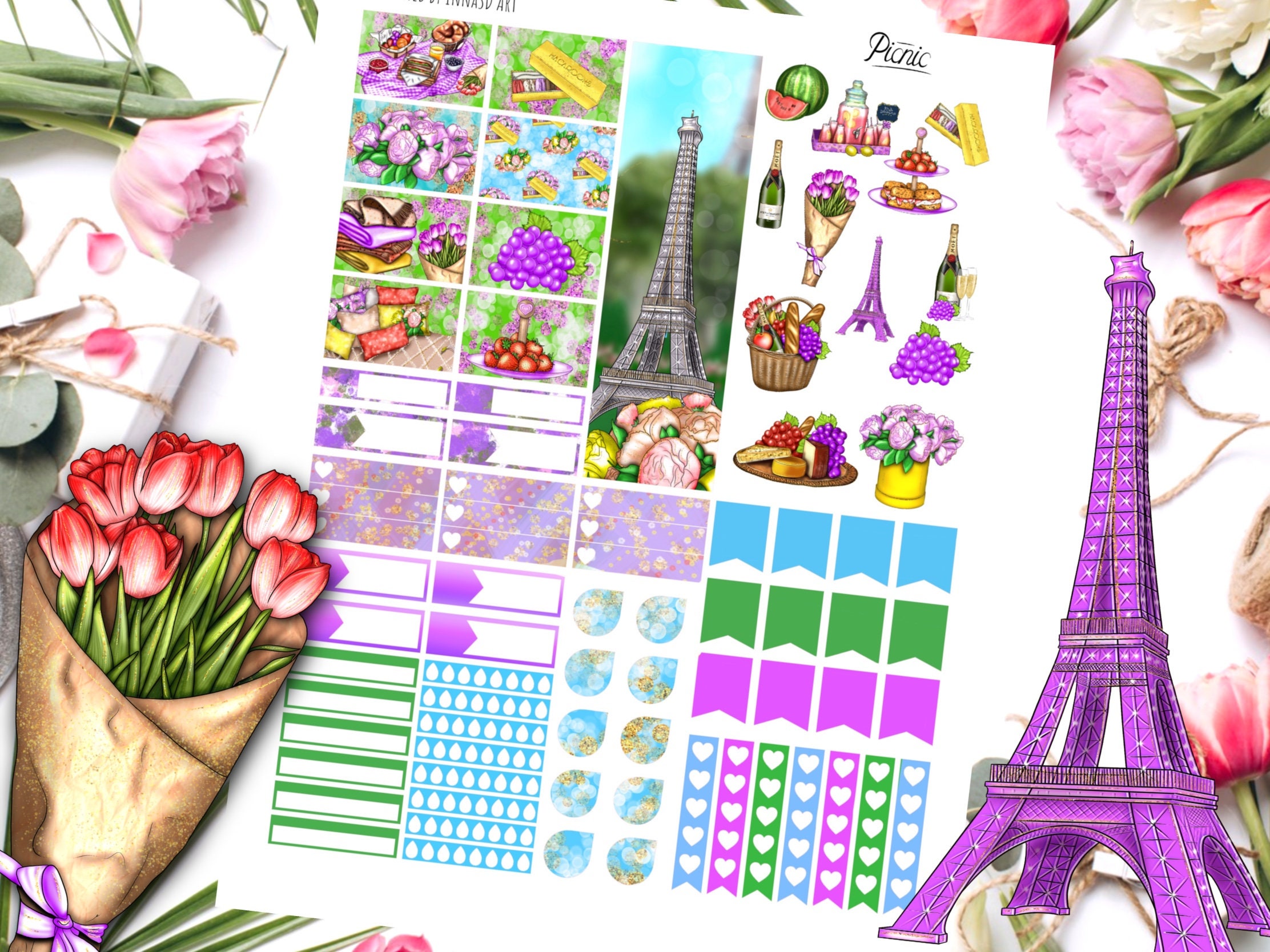 Picnic in Paris Digital Printable Planner Stickers, Travel Stickers ...