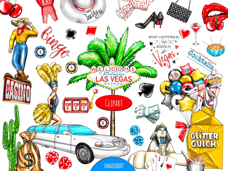 High-resolution Las Vegas Clip Art Set: 40 Hand-drawn Elements for ...
