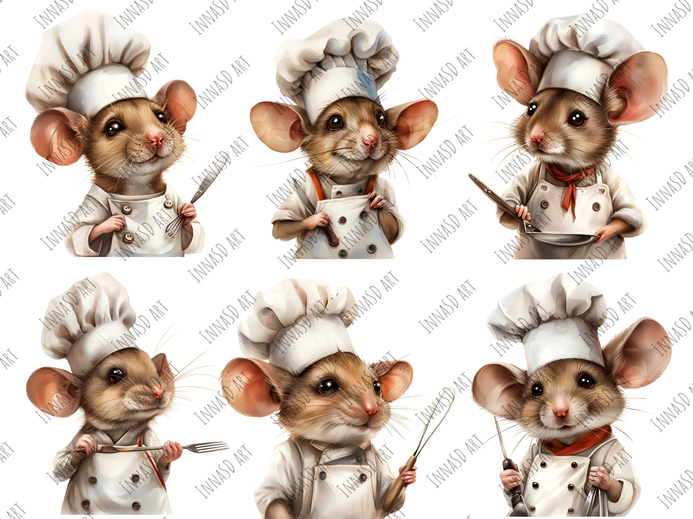 Cute Chef Watercolor Ratatui Clip Art, Ratatui Stickers, Mouse Stickers ...