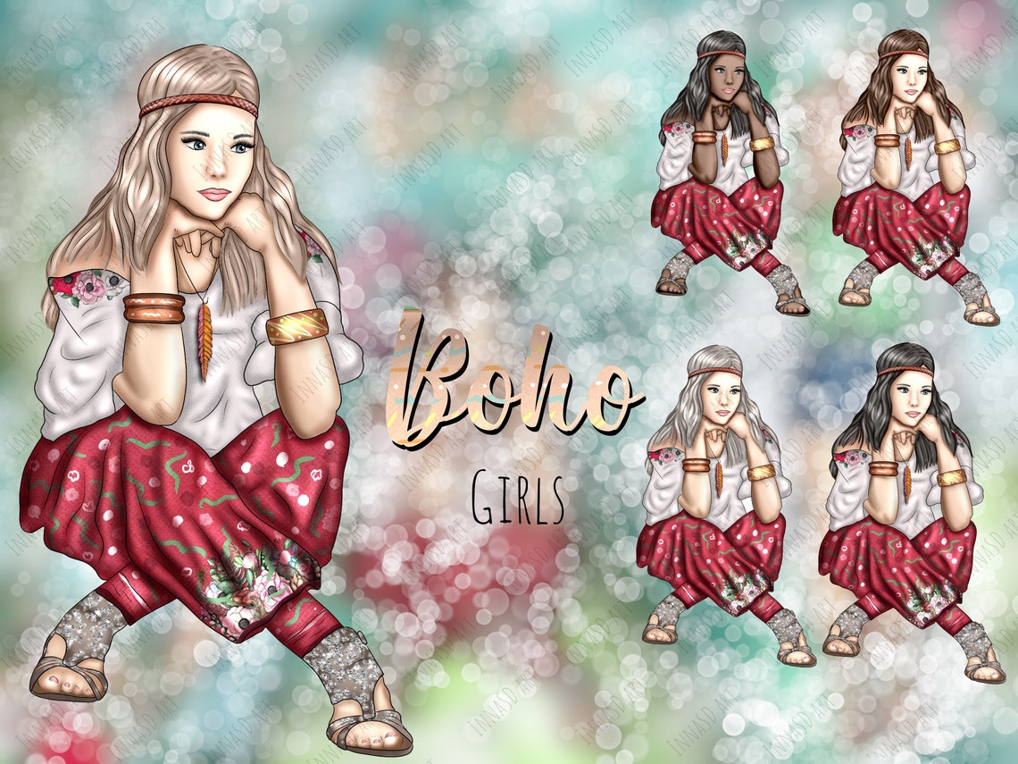 Boho Fashion Girls Clip Art Bohemian Clipart Gypsy Clipart | Etsy