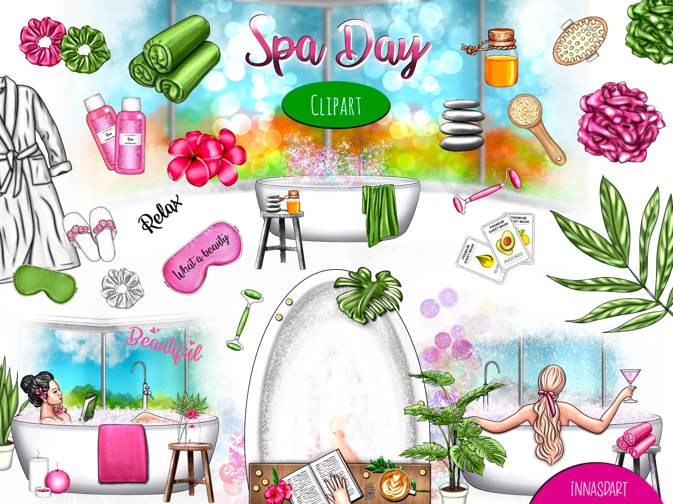 Spa Day Clipart, Spa Fashion Clipart, Spa Stickers, Self Care Stickers ...