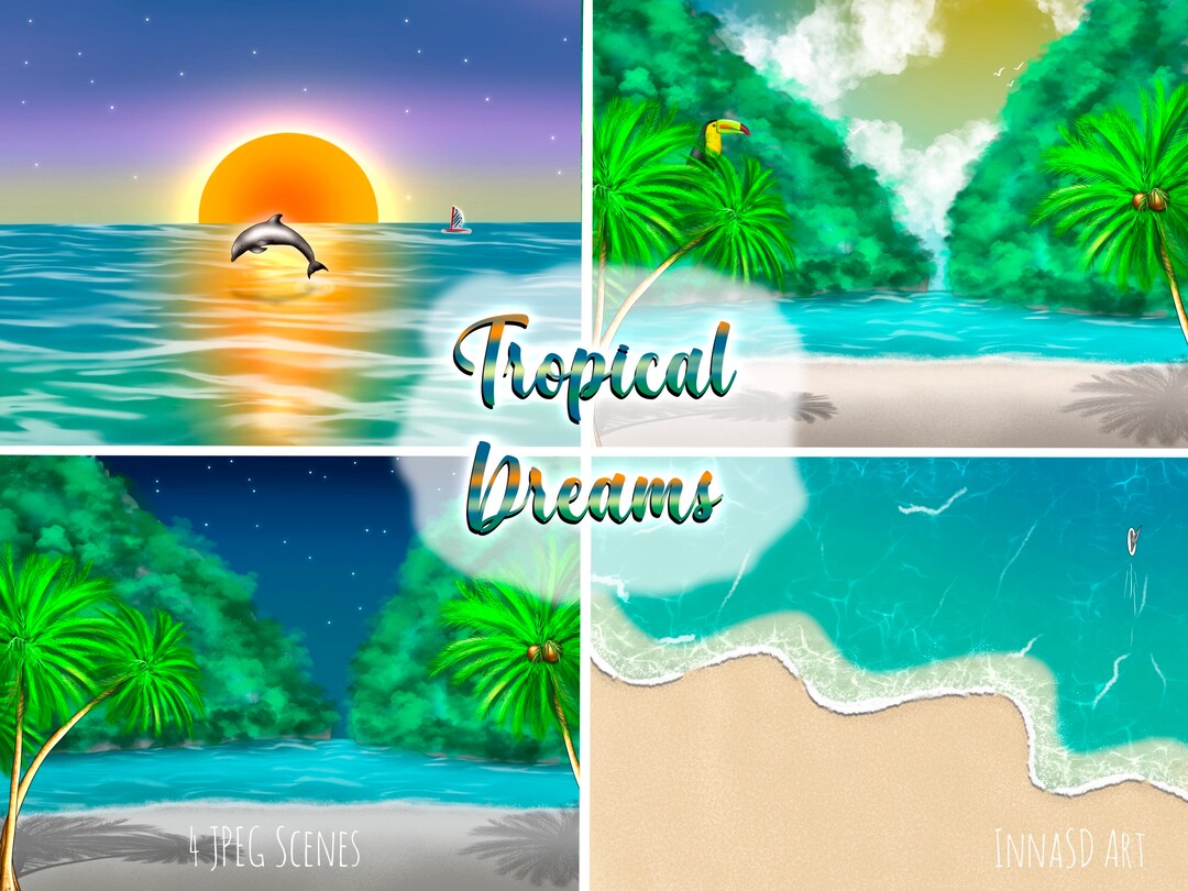 Tropical Dreams Vacation Beach Illustrations, Summer Backgrounds Set ...