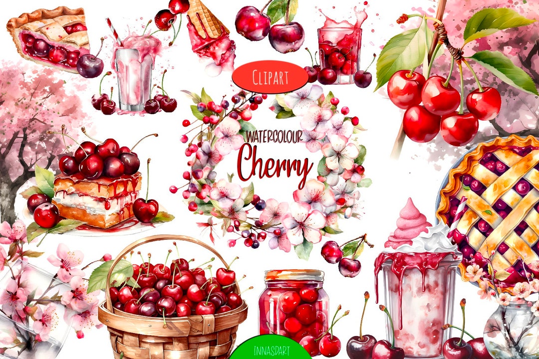 Cherry Watercolour Clip Art, Spring Clip Art, Cherry Pie, Cherry ...