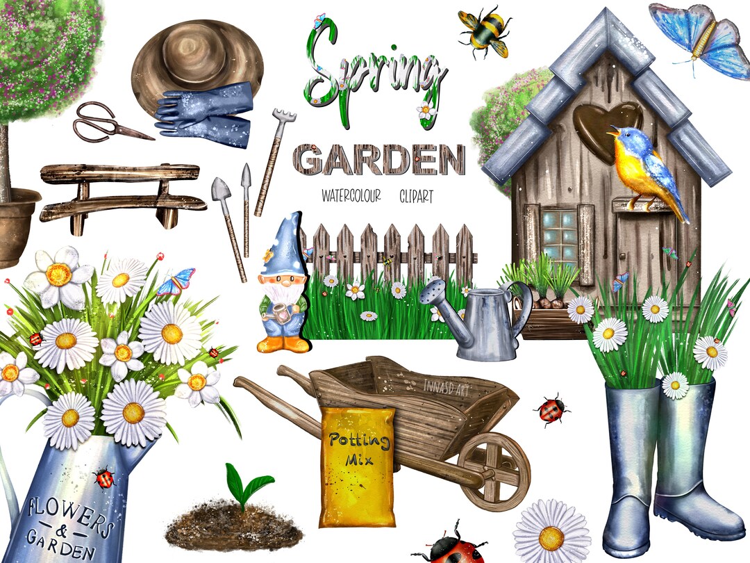 Spring Garden Watercolour Clip Art, Spring Clip Art, Floral Clip Art ...