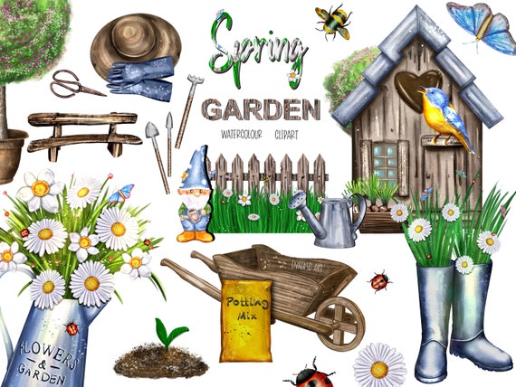 Spring Garden Watercolour Clip Art Spring Clip Art Floral | Etsy