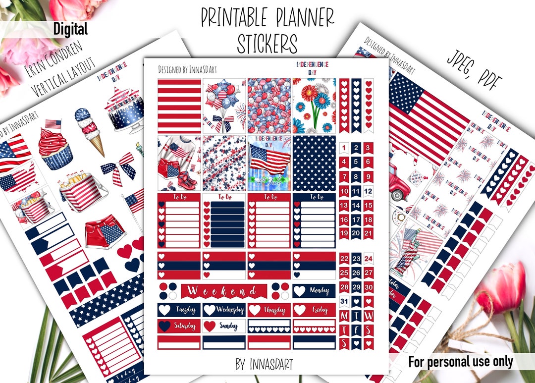 July 4th Independence Day Printable Planner Stickers, USA Stickers ...
