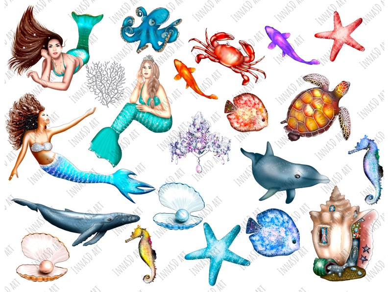 Mermaids Clipart, Mermaids Stickers, Sea Life Stickers, Underwater ...
