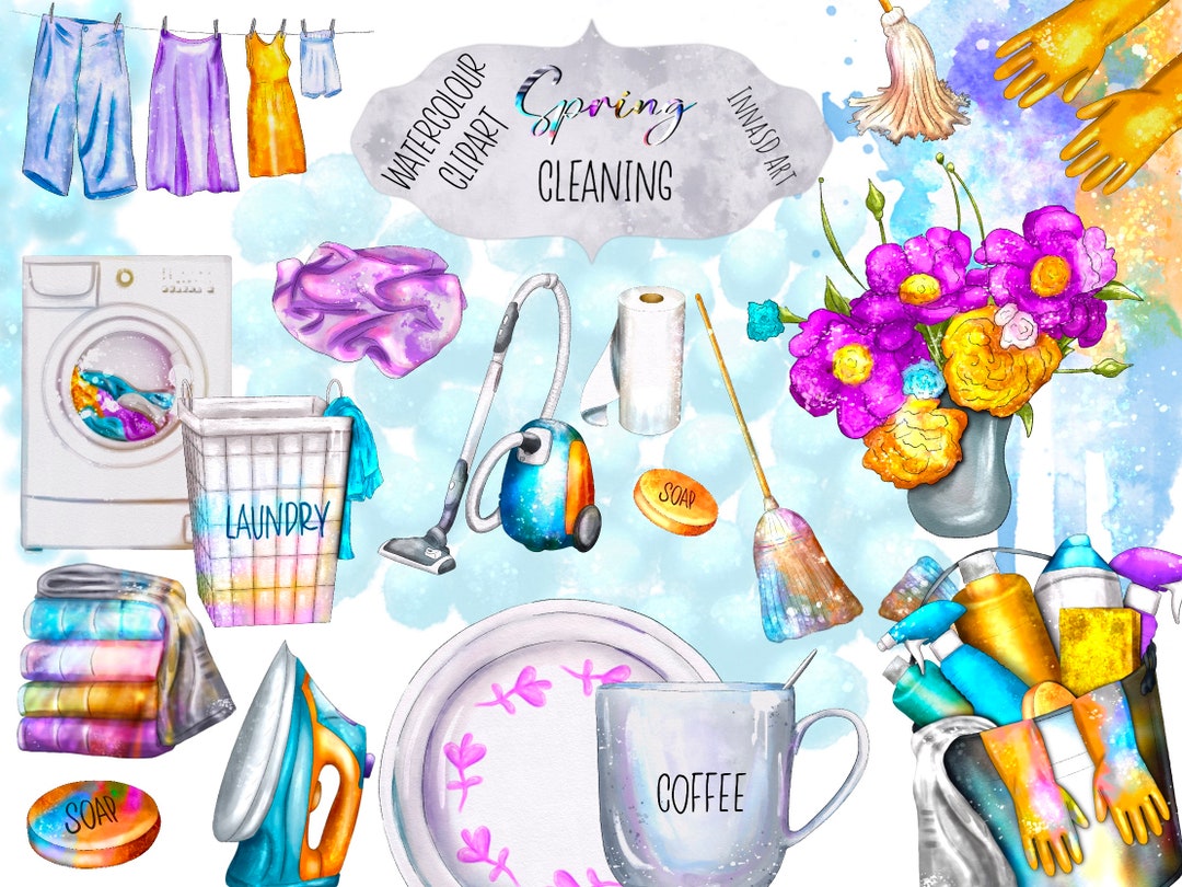 Spring Home Cleaning Watercolor Clip Art, Cleaning Stickers, Planner ...