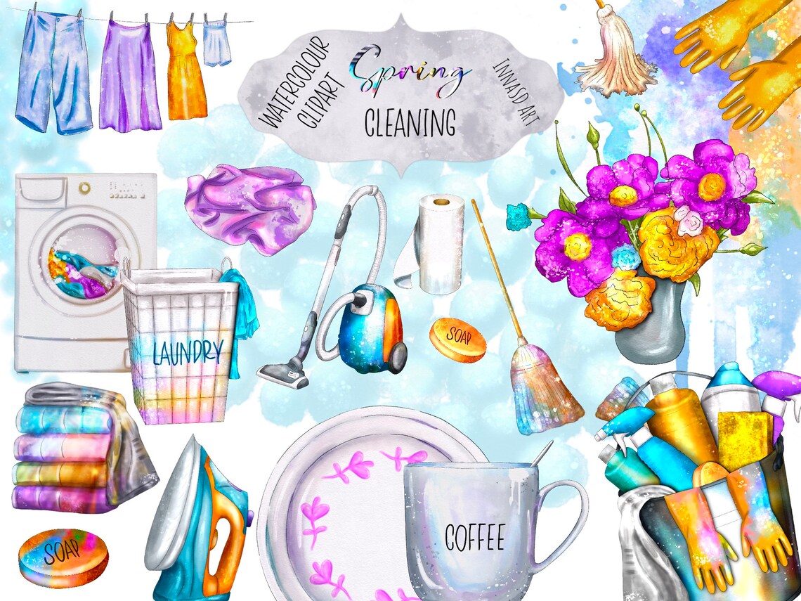 Spring Home Cleaning Watercolor Clip Art Cleaning Stickers - Etsy