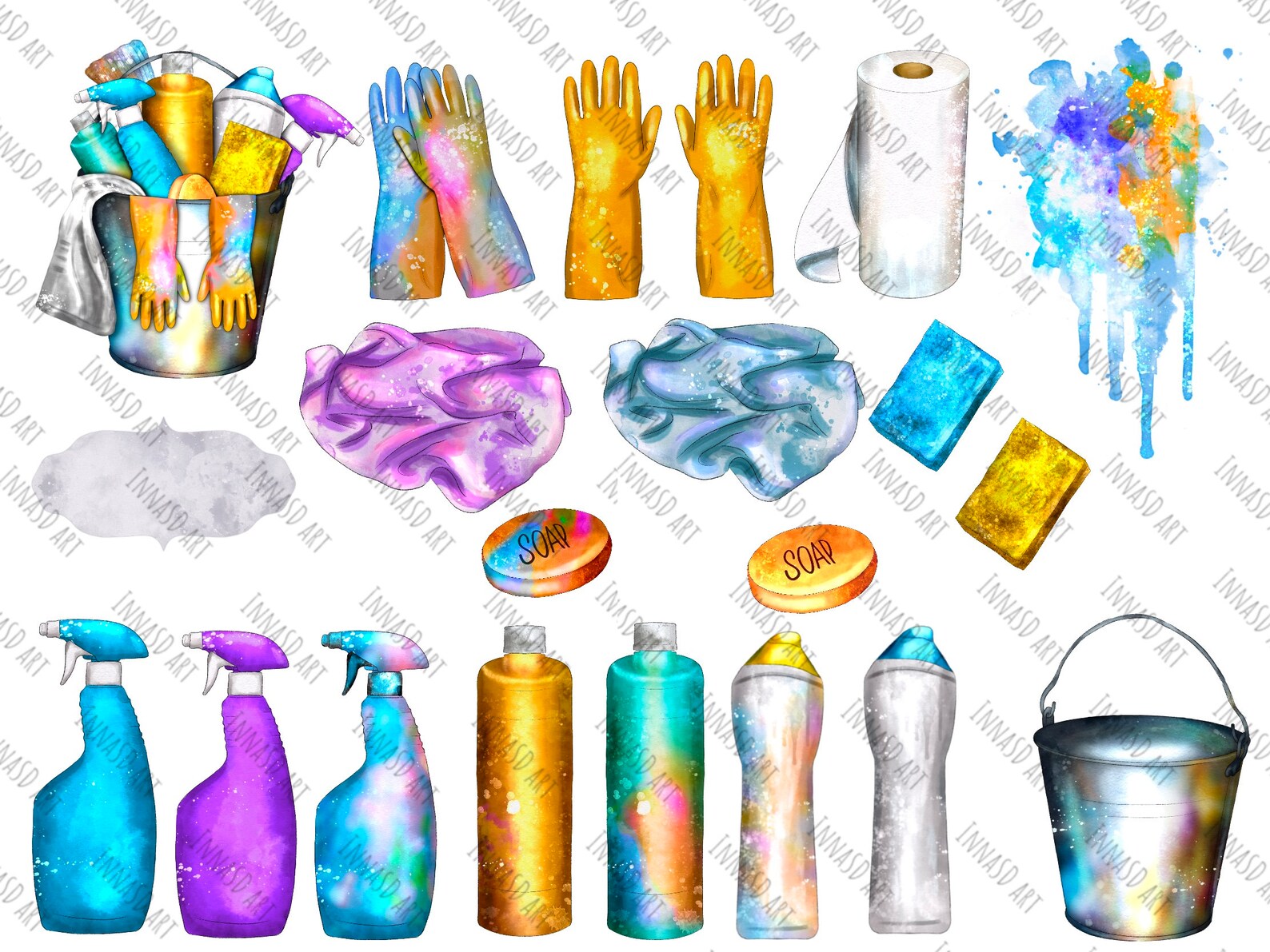 Spring Home Cleaning Watercolor Clip Art Cleaning Stickers | Etsy