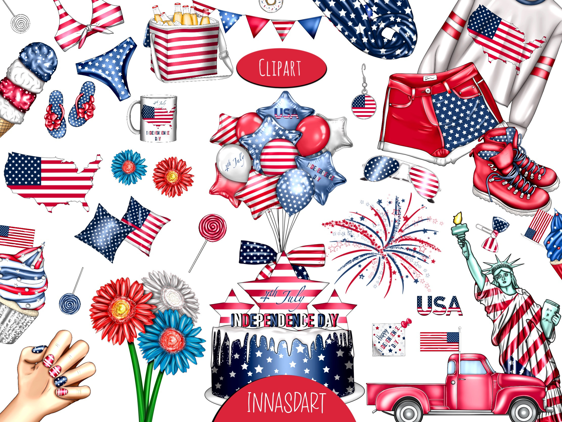 Independence Day Clip Art, 4th of July Clipart, USA Stickers, Digital ...