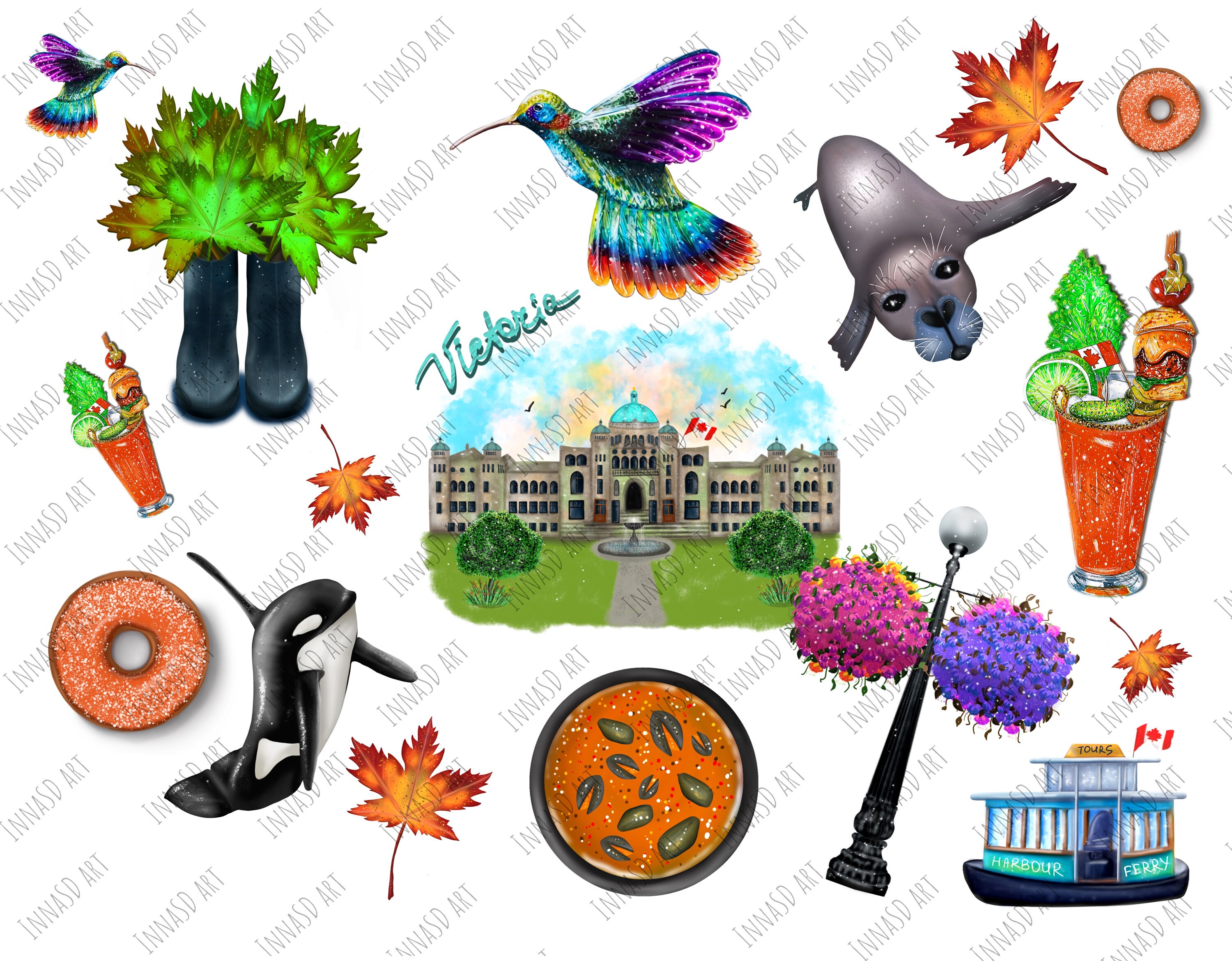 Victoria BC, Canada Clip Art. Parliament Building, Orca, Seal, Harbour ...