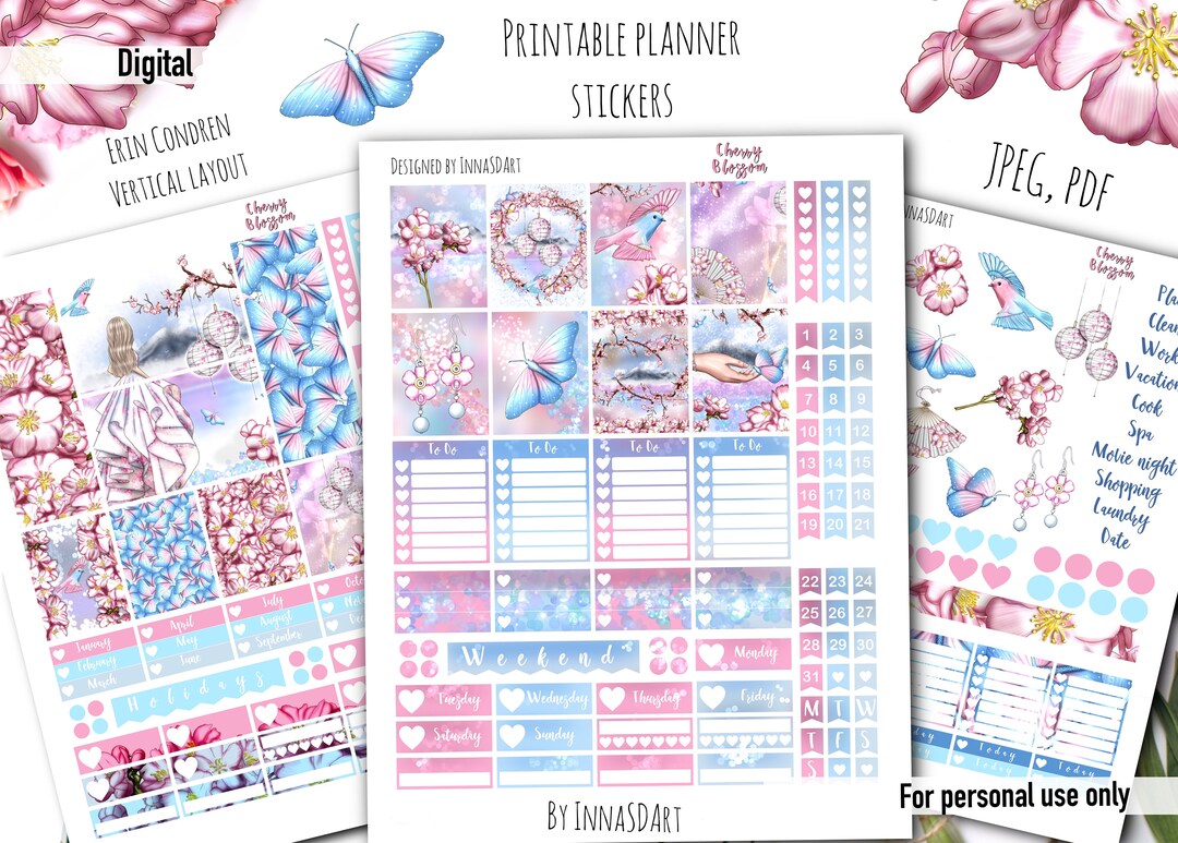 Cherry Blossom Digital Printable Planner Stickers, Spring Stickers ...
