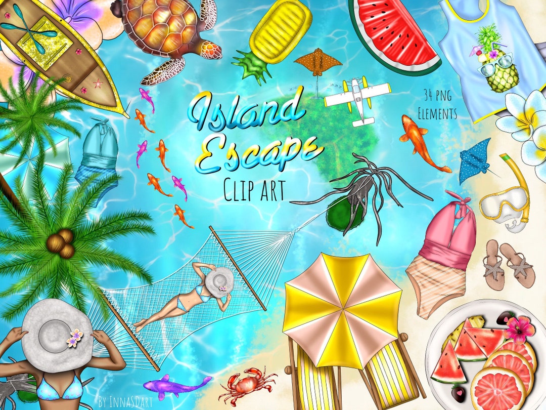 Tropical Island Escape Clip Art, Summer Vacation Graphics, Digital ...