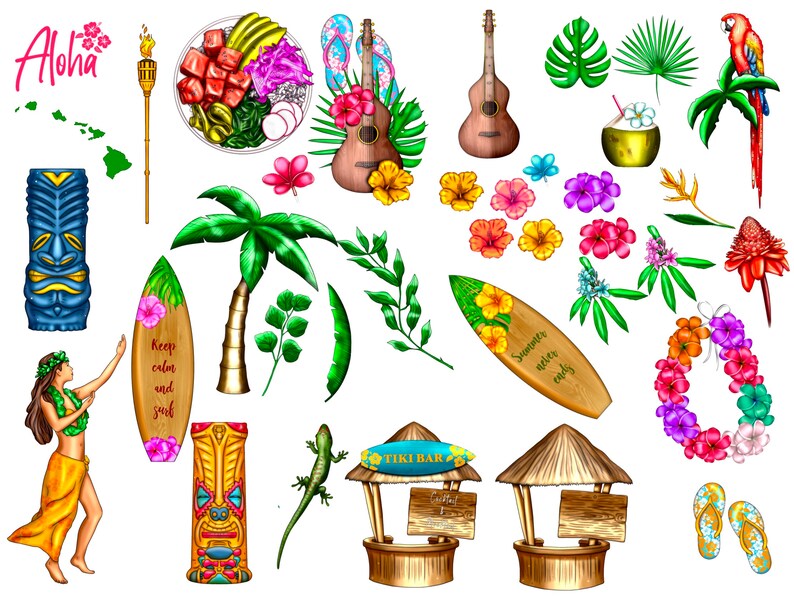 Aloha Clip Art and Hawaii Stickers for Summer Planner and - Etsy