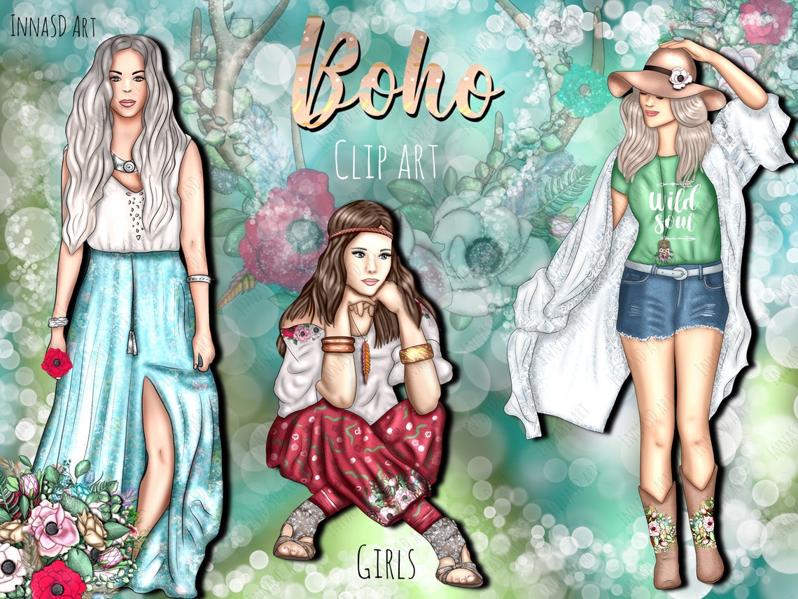 Boho Fashion Girls Clip Art Bohemian Clipart Gypsy Clipart | Etsy