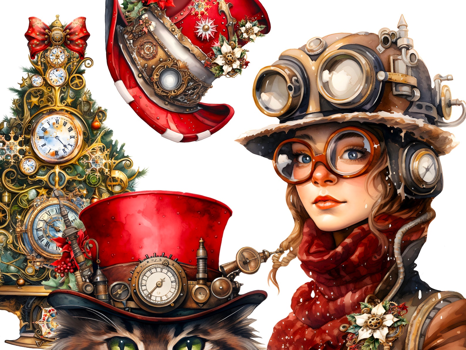 Steampunk Christmas Clipart Watercolor Winter Holidays - Etsy Canada