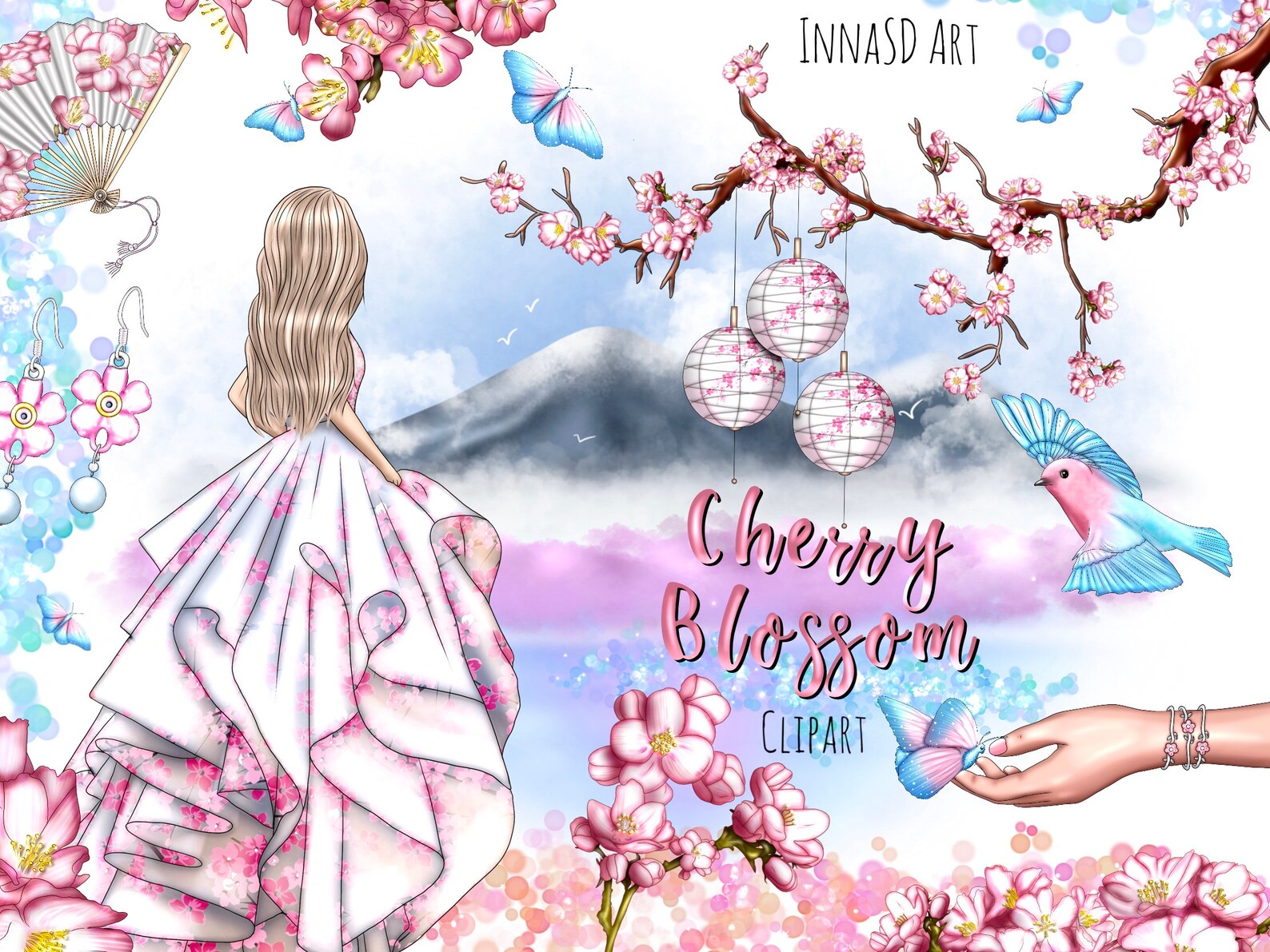 Cherry Blossom Clip Art, Spring Clip Art, Fashion Clip Art, Cherry ...