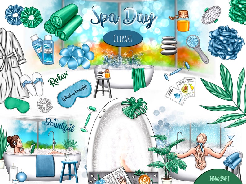Spa Day Clipart, Spa Fashion Clipart, Spa Stickers, Self Care Stickers ...