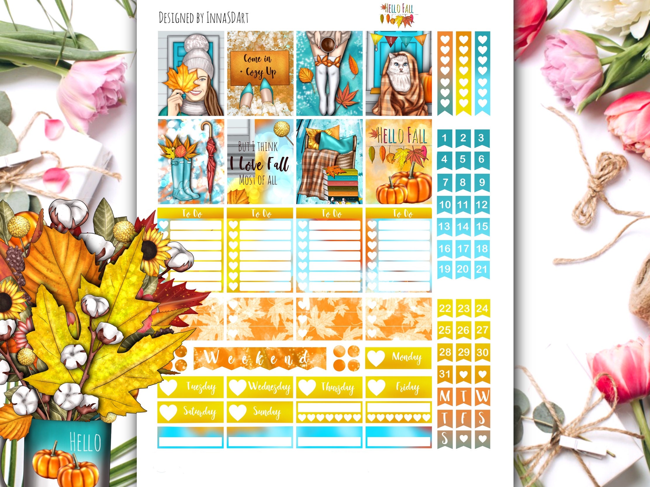 Hello Fall Printable Planner Stickers, Fall Planner Stickers, Fall ...