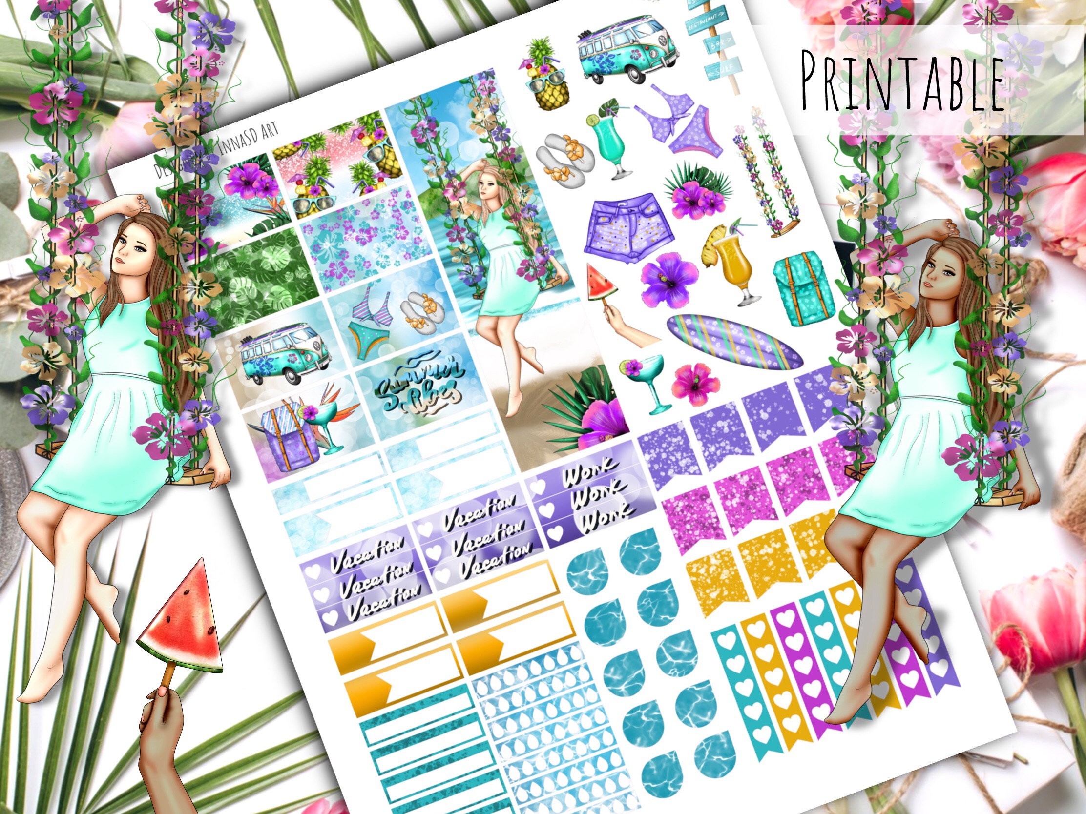 Summer Vibes Digital Printable Planner Stickers, Travel Stickers ...