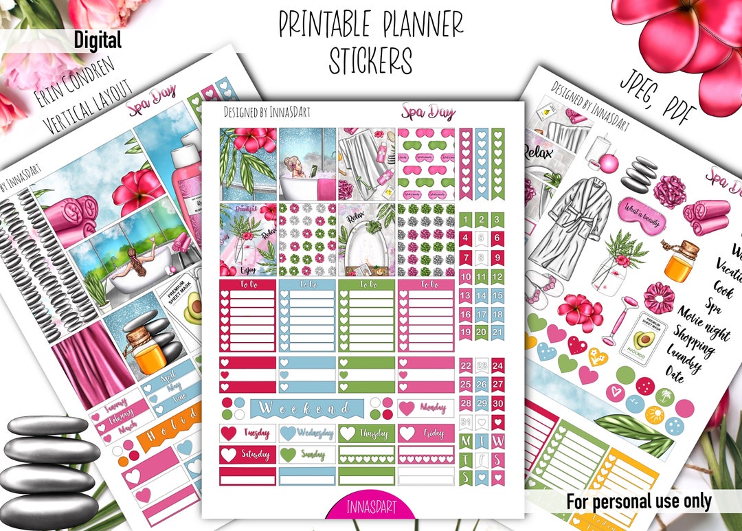 Spa Day Printable Planner Stickers Set With Self-care, Bath, Toiletries ...