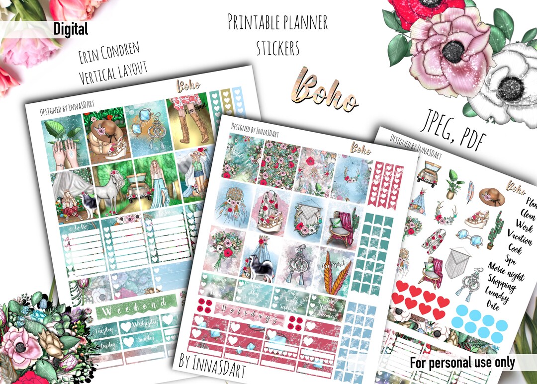 Boho Chic Printable Digital Planner Stickers, Boho Stickers, Boho ...