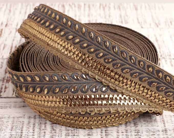 9 Yards Gold Embroidered Trim, Gold Rhinestone Trim, Indian Embroidered ...