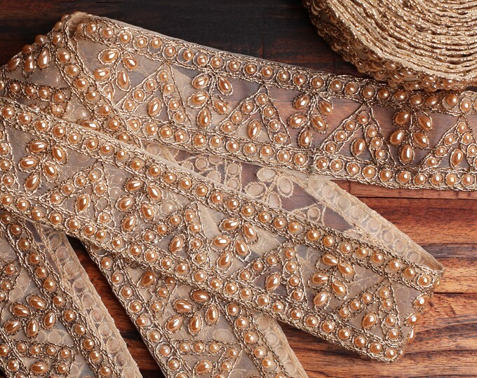 Rose Gold Pearl Trim, Embroidered Organza Trim, Rose Gold Embroidered ...