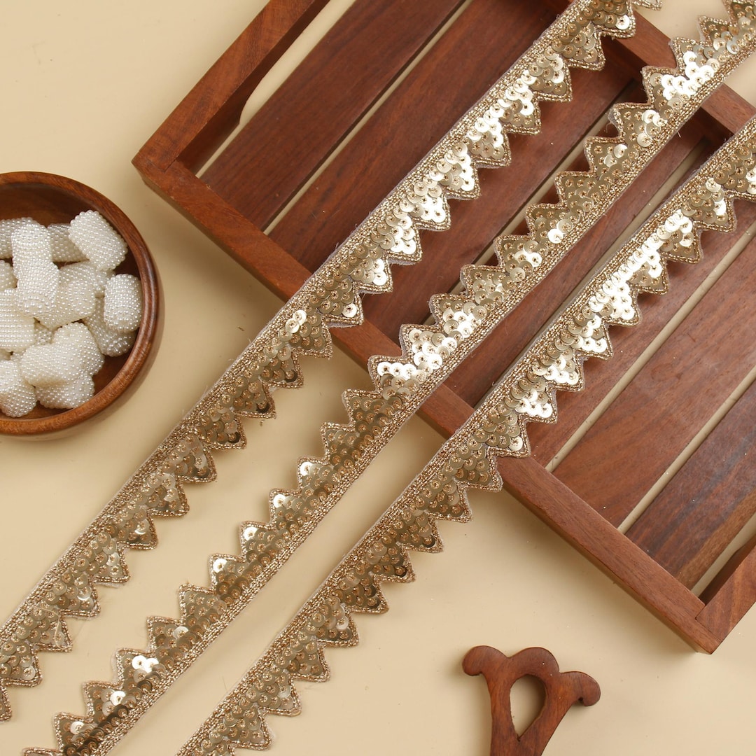 9 Yards- Gold Sequin Trim, Scalloped Trim, Indian Embroidered Trim, Upholstery Lace, Sequin ...