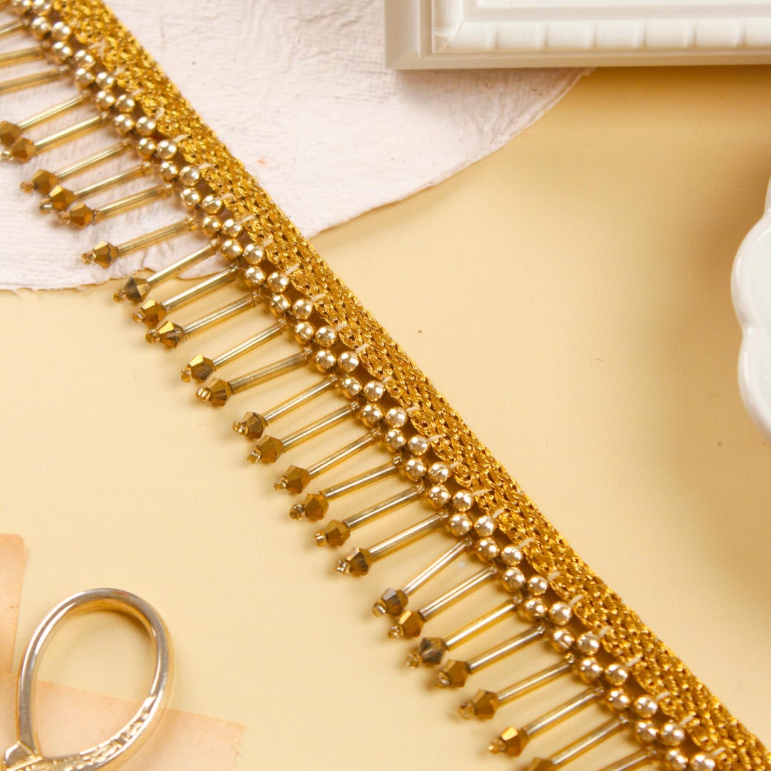 3 Yards- Gold Beaded Trim, Upholstery Fringe, Indian Sewing Trim ...