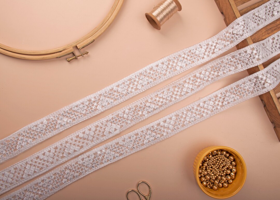 White Chikankari Trim, Embroidered Net Trim, Costume Trim, Indian ...