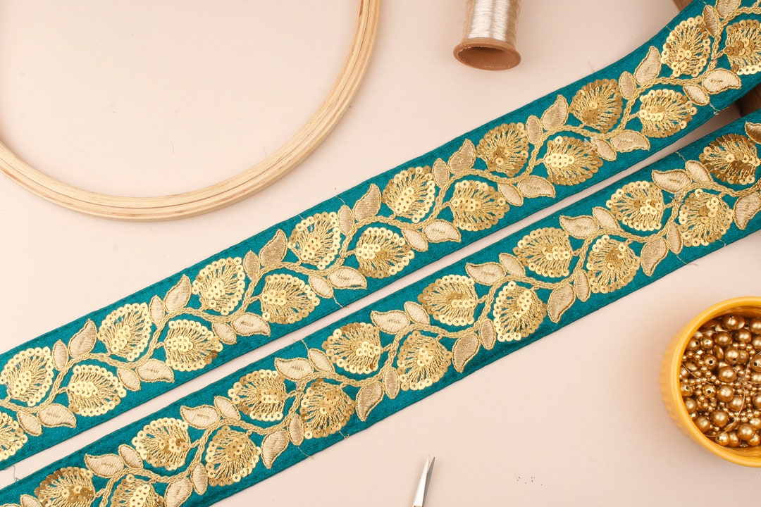 Teal Green and Gold Trim, Embroidered Floral Lace, Indian Decorative ...