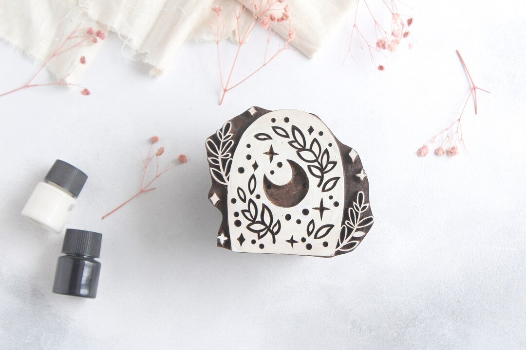 Crescent Moon Stamp, Wooden Block Stamp, Celestial Print, Floral Block ...